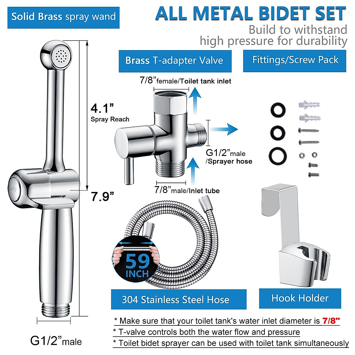 SonTiy Handheld Bidet Sprayer for Toilet, Hand Held Bidet Attachment, Adjustable Water Jet Spray for Toilet with Backflow Preventer, Brass 7.9" Bidet Wand, All Metal Cloth Diaper Toilet Sprayer