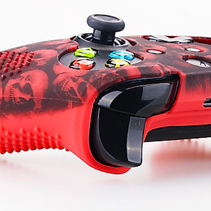 9CDeer Studded Protective Customize Transfer Printing Silicone Cover Skin Sleeve Case + 8 Thumb Grips Analog Caps for Xbox One/S/X Controller Skull Red Compatible with Official Stereo Headset