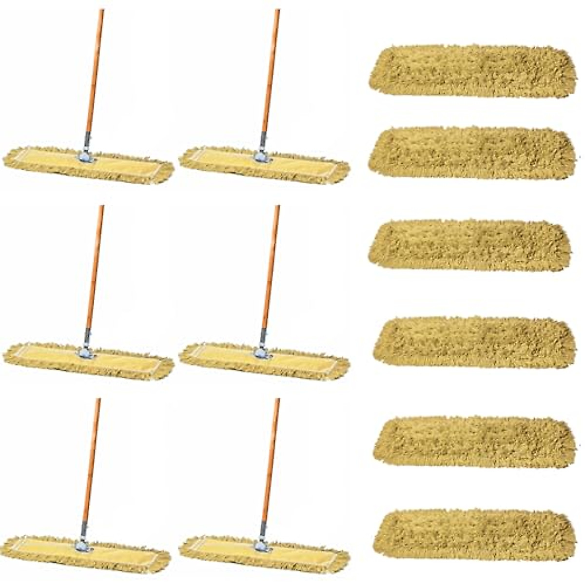 24 Inch Yellow Dust Mop with Wood Handle and 24 Inch Dust Mop Refill Bundle - 6 Mop Sets and 6 Refills