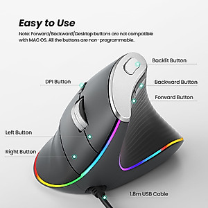 Nulea M504 Wired Vertical Mouse, USB Ergonomic Optical Mouse with 4 Adjustable DPI, 11 RGB Backlight Modes, Compatible for Laptop, PC, Desktop, Mac, Grey