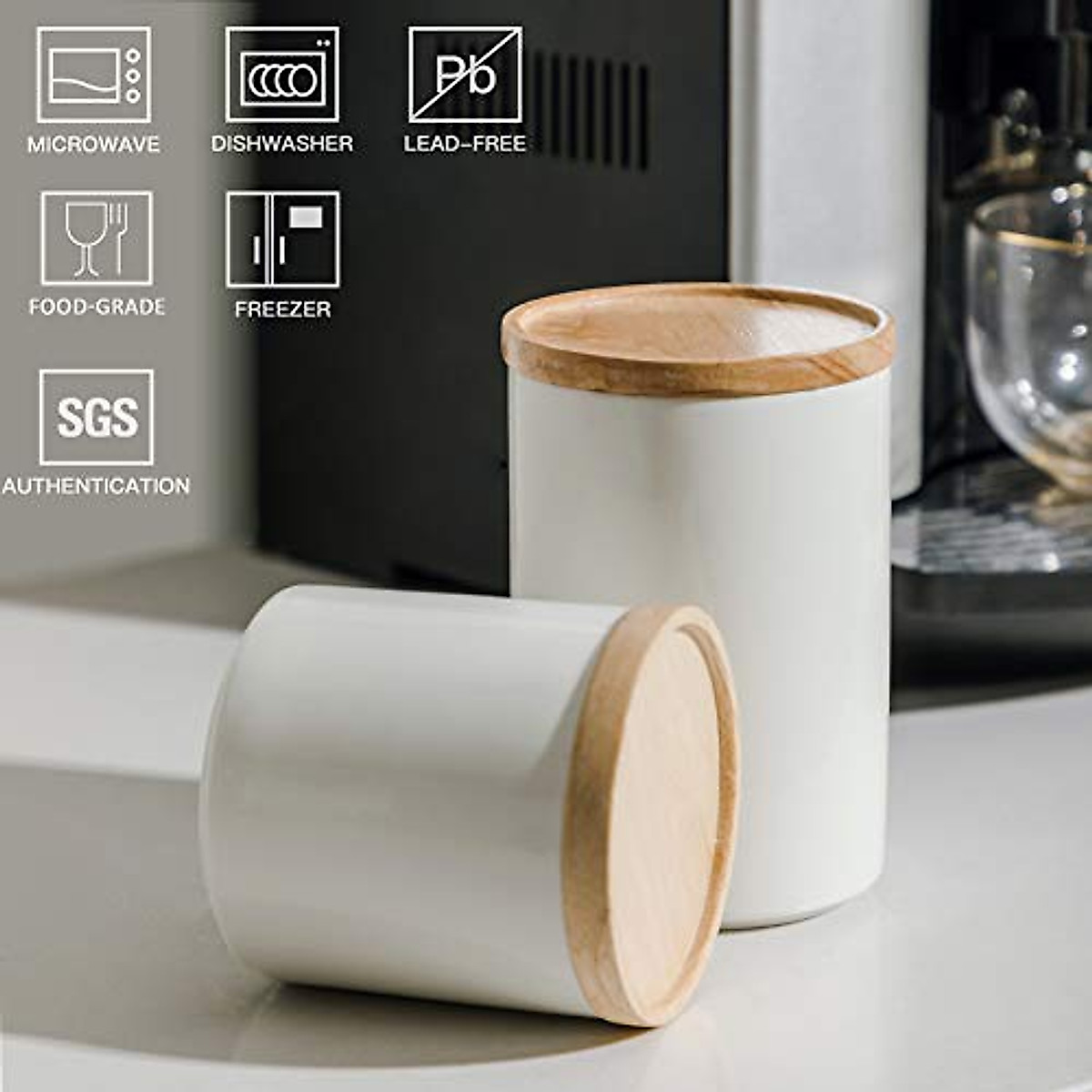 Sweejar Kitchen Canisters Ceramic Food Storage Jar, Stackable Containers with Airtight Seal Wooden Lid for Serving Ground Coffee, Tea, Sugar, Salt and More - 28 Fl Oz (White)