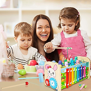 Aomola Wooden Hammering Pounding Toy Bench with Fishing Game, Xylophone, Moving Gears, Clock, Educational Montessori Musical Toys Gifts for Toddlers Kids Baby Boys Girls