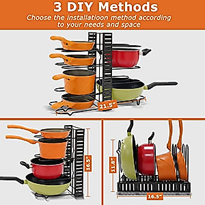 crevary Pots and Pans Organizer for Cabinet, Upgrade Anti-Skid, 8 Tier Pot Rack with 3 DIY Methods, Adjustable Pan Organizer Rack, Pot Organizer for Kitchen Organization & Storage, Pot Lid Organizer