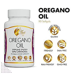 Coco March Oregano Oil - 55% Greek Carvacrol Immune System Support - Gluten Free, Dairy Free, GMO Free, Keto Friendly, Paleo Friendly - 90 Capsules