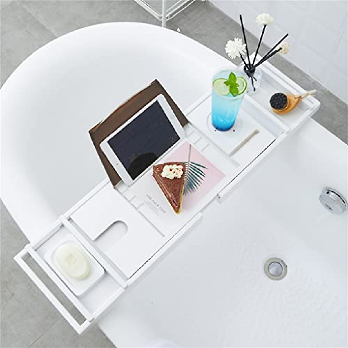 GANFANREN Extendable Bath Tub Caddy Wooden Bathtub Bridge Shelf Organizer Tray with Book Stand for Home Hotel Spa Salon