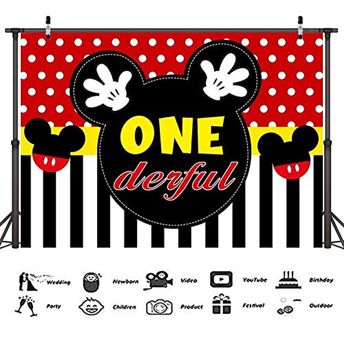 7x5 FT Mickey First Birthday Photography Backdrop Mickey Inspired Onederful Photo Background Mouse 1st Birthday Baby Shower Party Supplies Photo Studio Props Decorations Banners