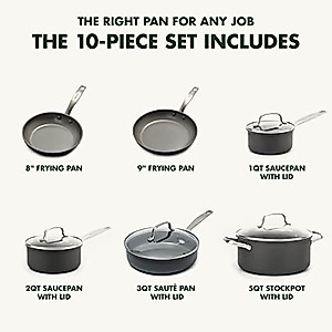 GreenPan Chatham Hard Anodized Healthy Ceramic Nonstick 10 Piece Cookware Pots and Pans Set, PFAS-Free, Dishwasher Safe, Oven Safe, Gray