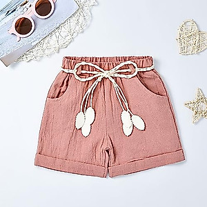 FOCUTEBB 2 Years Old Girl Clothes Toddler Girls Summer Outfits Summer Short Set Infant Toddler Girls Outfit T-shirt + Linen Shorts with Belt Cute Summer Clothes Set Watermelon Pink 2-3T
