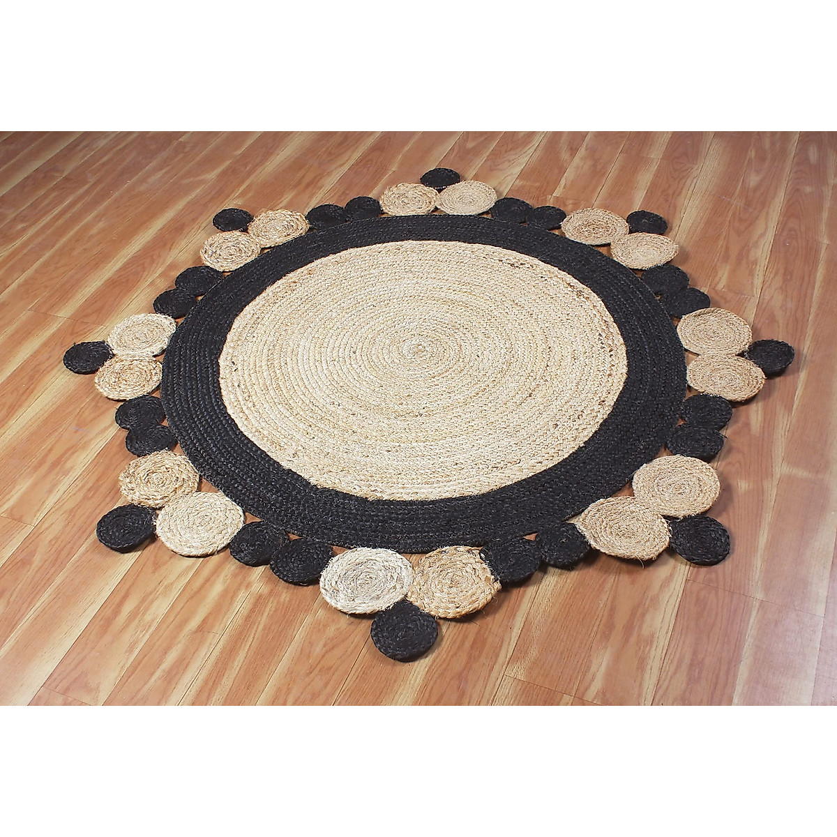 CASAVANI Collection Circle Area Rug - 10 Ft' Round Black Natural Jute Mat Geometric Kilim Rug Indoor Outdoor Use Mat Flatweave Rugs for Bedroom Bedside Round Dining Table Mat Hall & Kitchen