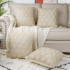 Henzxi Set of 2 Throw Pillow Covers 18x18 Inches Farmhouse Decorative, Square Boho Cushion Case with Faux Velvet Soft Plush Short Wool, Beige