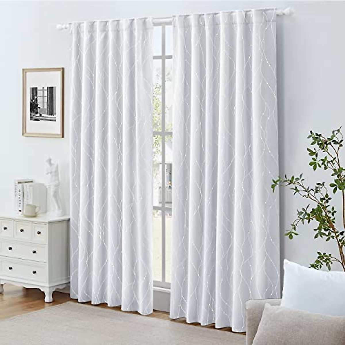 HOMEIDEAS Greyish White Blackout Curtains 52 X 84 Inches Long 2 Panels Silver Wave Line with Dots Printed Back Tab Room Darkening Curtains, Pocket Thermal Light Blocking Window Curtains for Bedroom