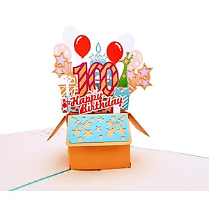 iGifts And Cards Happy 100th Blue Birthday Party Box 3D Pop Up Greeting Card – Someone Turning 100, Hundred, Awesome, Balloons, Unique, Celebration, Feliz Cumpleaños, Fun, Mom, Dad