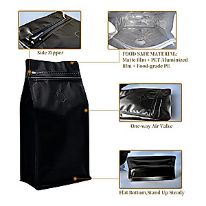 Resealable Coffee Bags, 50Pcs Stand Up Coffee Pouches with Valve and Side Zipper, Black Aluminum Foil Storage Bags for packaging food (1 LB, 16 oz)