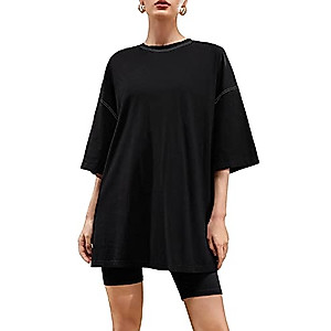 FSHAOES Women's Oversized T Shirts Casual Loose Half Sleeve Drop Shoulder Tees Summer Round Neck Cotton Tunic Tops Black