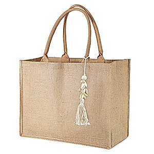 BeeGreen Beach Bag for Women Jute Gift Tote Bag w Inner Zipper Pocket & Cotton Handles Large BurlapTote Bag w White Tassel & Shells Accessories for Vacation Bridemaid Shopping Bag for DIY Decorating