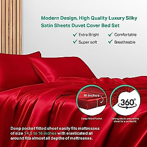 AL AHMEDANI LINEN Red Satin Sheets Queen - Luxurious 4-Piece Red Silk Bed Sheets - Silky Smooth, Deep-Pocket 1 Fitted Sheet, 1 Flat Sheet, 2 Pillowcases