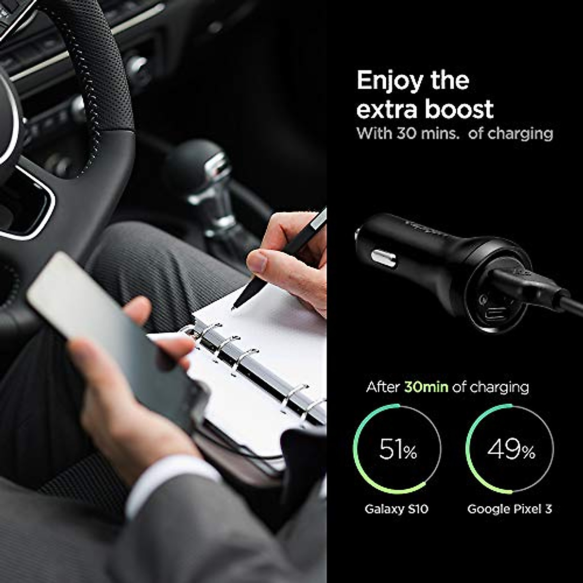 Spigen USB C Car Charger, 45W Dual Port Car Charger Fast Charge (PD Charging 27W + Quick Charge 18W) Type C Car Adapter for iPhone 13 Pro Max 13 Mini 12 11 iPad Galaxy S21 Ultra S20 FE Note 20 Plus