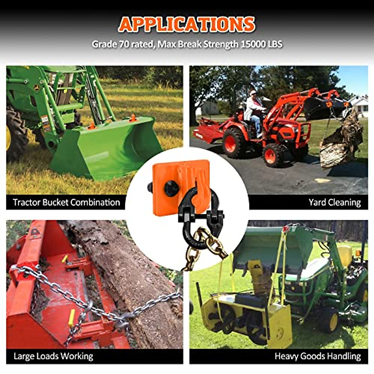 AUTOBOTS 3/8" Tractor Bucket Grab Hook (2 Pack), 15,000lbs Break Strength Grab Hooks with Grade 70 Forged Steel Bolt Compatible for John-Deere Truck UTV ATV Tractor Bucket(Orange)