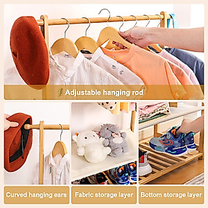 Vilaxing Kids Clothing Rack Bamboo with 2 Storage Baskets and 2 Adjustable Hanging Rods,Child Garment Rack,Dress up Rack for Playroom,Toddlers Bedroom (Natural)