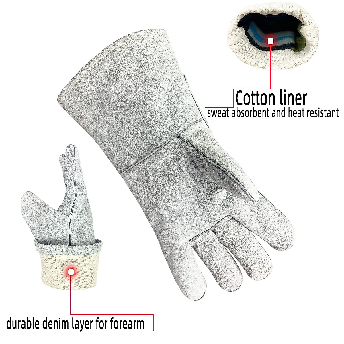 SLFC Cow Split Leather Welding Gloves Heat/Fire Resistant,14 Inches Leather Safety Working Gloves for BBQ,Oven,Tig Welder,Garden and Animal Handling(grey)