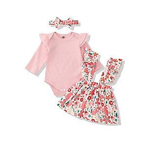 TUEMOS Baby Girl First Easter Outfits Long Sleeve Romper Bunny Suspender Skirt Easter Newborn Clothes Set Flower Pink 3-6 Months