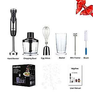 Keylitos 5-in-1 Immersion Hand Blender, Powerful 12-Speed Handheld Stick Blender with 304 Stainless Steel Blades, Chopper, Beaker, Whisk and Milk Frother for Smoothie, Baby Food, Sauces Red,Puree, Soup (Black)