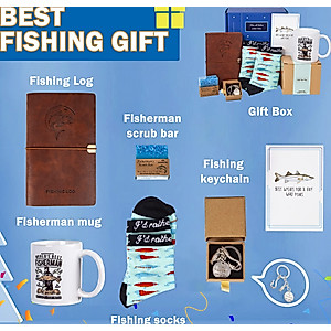 Fishing Gifts for Men Unique - Fathers Day Fishing Gifts for Dad - Best Gifts for A Fisherman Men Gift Box ; Fishing Log Book Fishing Mug Keychain Soap Socks