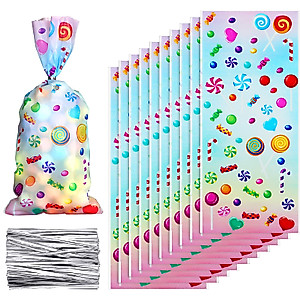 Outus 100 Pieces Cellophane Treat Bags Candy Bags Cand Lollipop Pattern Cello Bags with 150 Pieces Silvery Twist Ties for Chocolate Candy Snacks Cookies Birthday Party Favors, 11 x 5 Inches