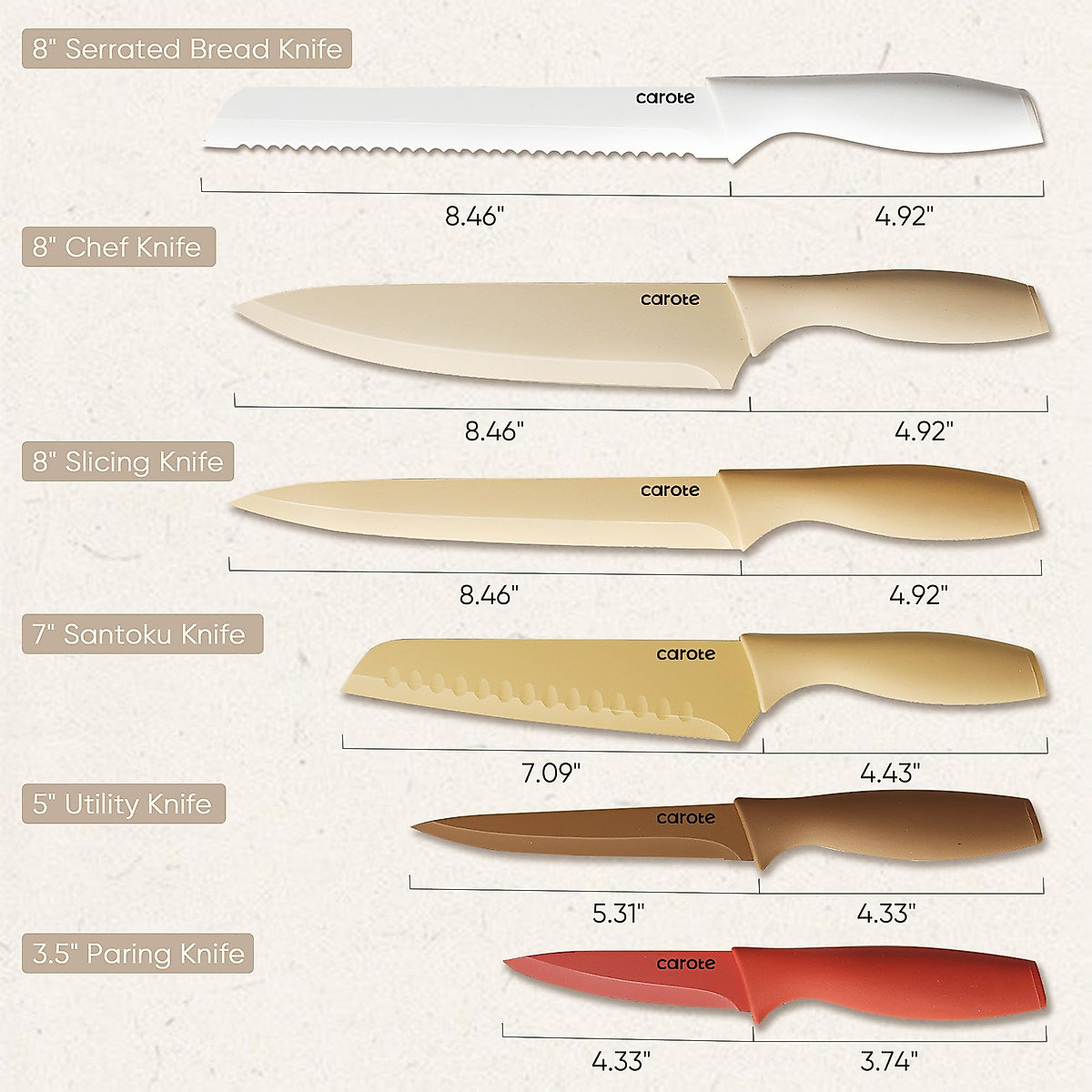 CAROTE 12 Pieces Kitchen Knife Set, Stainless Steel Knife Set With Nonstick Creamic Coating,Dishwasher Safe with 6 Blade Guards, Rustproof, Brown