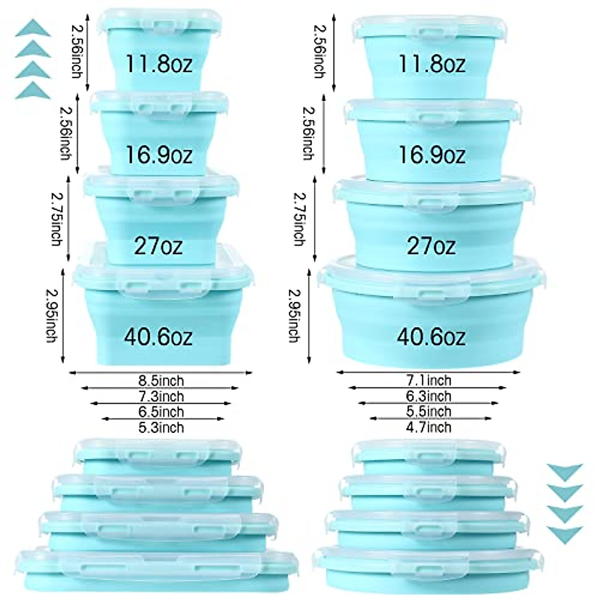 Karenhi 8 Pack Collapsible Silicone Food Storage Containers with Airtight Lids Stackable Collapsible Bowls with Lids Microwave and Dishwasher Safe(Blue)