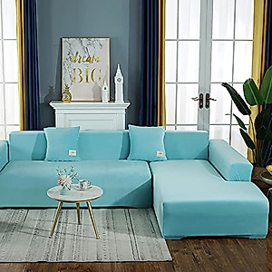 IMYOGI High Stretch Sofa Covers Plush High Stretch Sofa Cover L Shape Sectional Sofa Slipcovers Soft Washable Couch Covers Polyester Furniture Protector for Kids Pets -blue-1-4 Seater+4 Seater