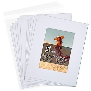 Acid Free 5 Pack 11x14 Pre-Cut Mat Board Show Kit for 8x10 Photos, Prints or Artworks, 5 Core Bevel Cut Matts and 5 Backing Boards and 5 Crystal Plastic Bags, White