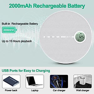 WOKALON Rechargeable Portable CD Player with Bluetooth, Compact Anti-Skip Walkman CD Player with Headphones &Dual Stereo Speakers for Home/Travel,Support CD MP3 USB AUX Input,2000mAh