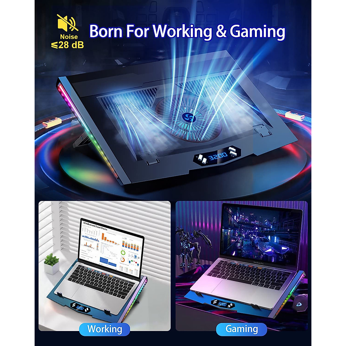 2022 Upgrade Laptop Cooling Pad 15.6-17.3 Inch, AIMIUZI RGB Gaming Laptop Cooler with Powerful Turbo-Fan 3200 RPM, 12 Modes Light, 7 Height Stands, Ergonomic Design, 2 USB Ports, Dust Filter