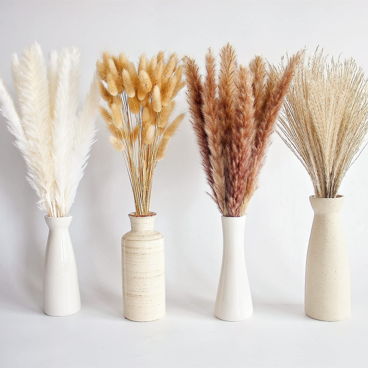 100 PCS Small Boho Pampas Grass, 17" Naturally Dried Pompas, Pampas Grass Decor for Wedding , Boho Party Decorations, Table Decor（Brown and White）
