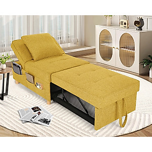 SEJOV Sleeper Sofa Chair Bed,4-in-1 Convertible Sofa Bed Chair with 6 Adjustable Backrest and Pillow, 3-Seat Pull Out Sleeper Chair Linen No Backrest for Bedroom Small Space Living Room, Yellow