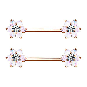 CHARM ONLINE 14G Opal Flower CZ Nipple Barbell Nipple Ring Piercing Jewelry for Women