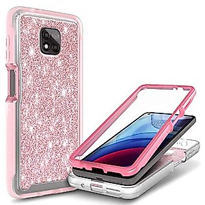 NZND Motorola Moto G Power 2021 Case with [Built-in Screen Protector], Full-Body Shockproof Protective Bumper Cover, Impact Resist Durable Phone Case (Glitter Rose Gold)