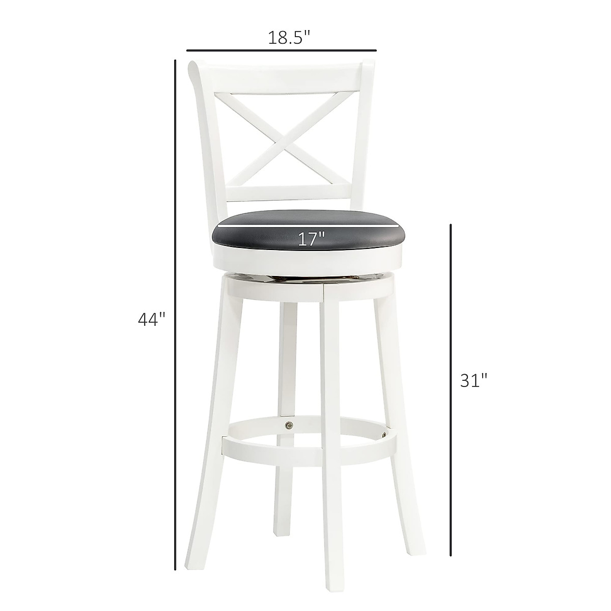 HOMCOM Traditional Bar Stool, 31 Inch Seat Height Barstool, Swivel PU Leather Upholstered Chair, with Cross Back and Rubberwood Frame, Cream White