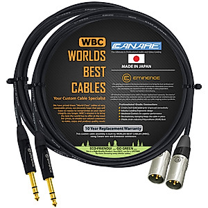 WORLDS BEST CABLES 2 Units - 2 Foot - Canare L-4E6S, Star Quad Balanced XLR to TRS Patch Cable with Eminence Gold E311 Male XLR & E502 TRS Stereo Plugs - Custom Made