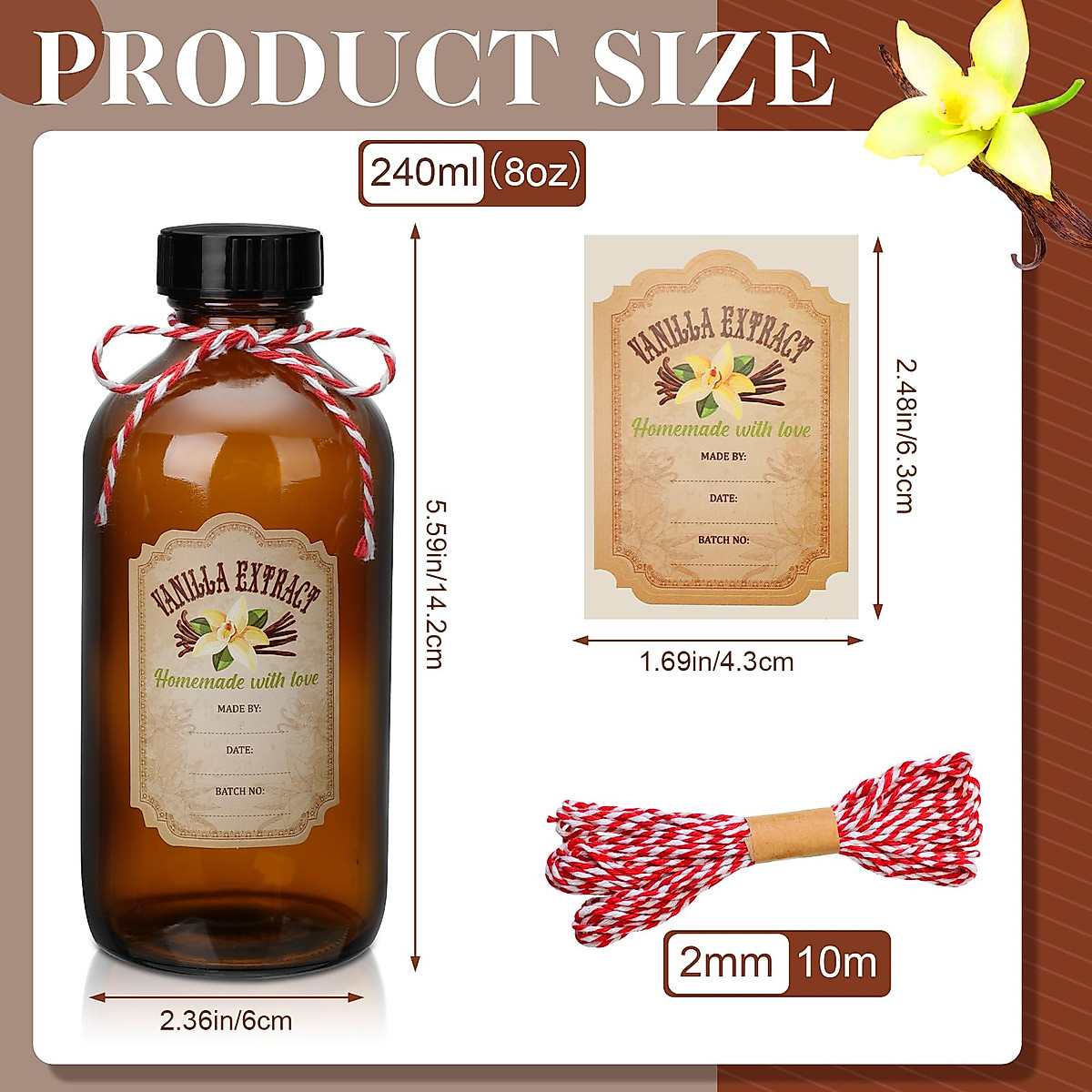 Uiifan 12 Pack 8 Ounce Amber Glass Bottle Boston Round Bottles with Caps Brown Vanilla Extract Bottles and 12 Pcs Vanilla Extract Stickers for Syrup Gift Glass Food Storage Canister Set Sauce Beans