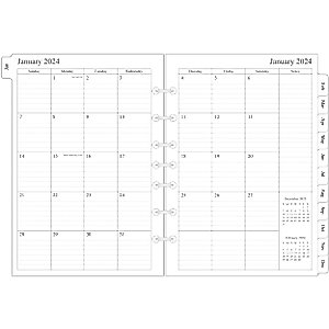 2024 Monthly Planner Refill 5-1/2" x 8-1/2", Runs from January 2024 to December 2024, Two Pages Per Month, Desk Size 4, 7-Hole Punched