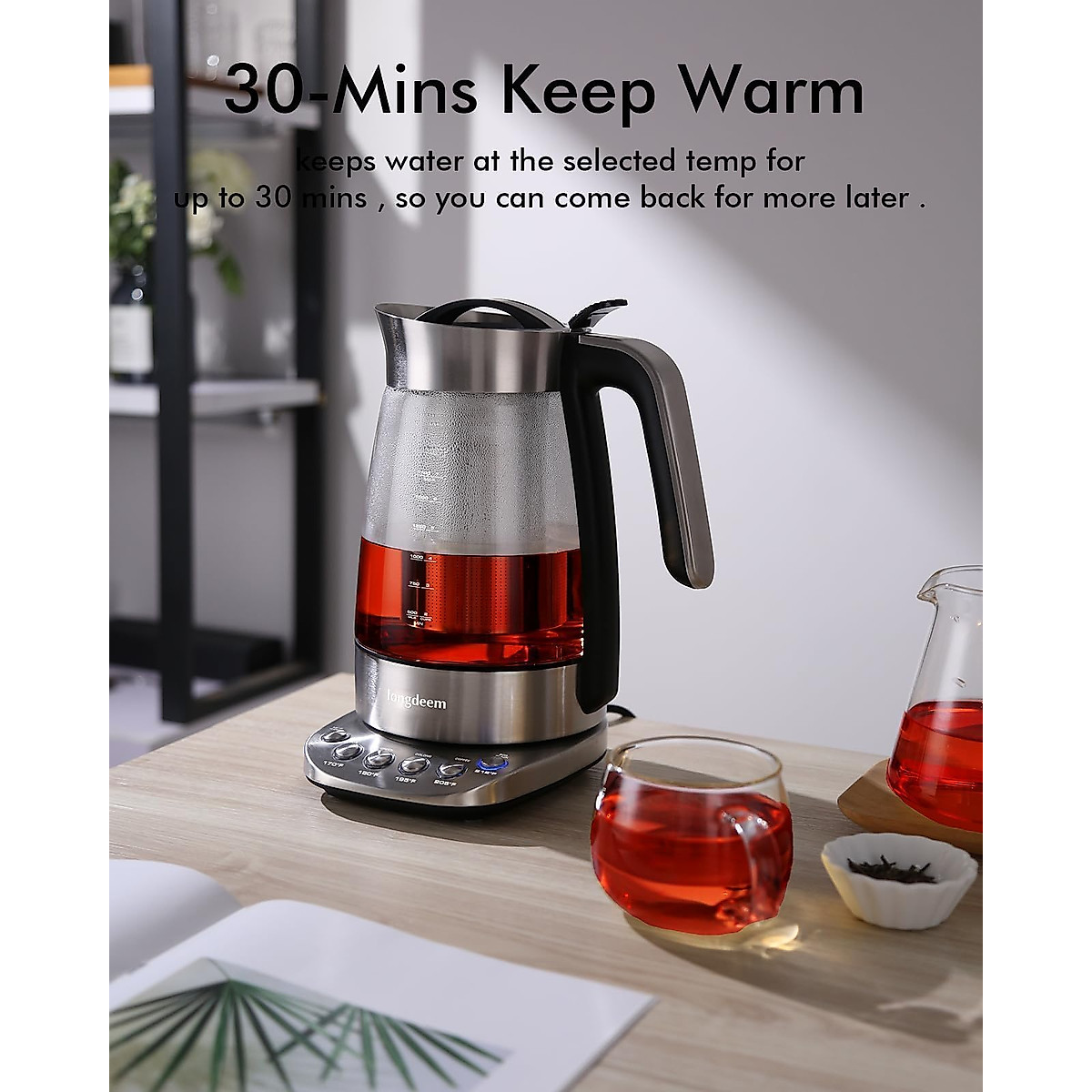 Electric Glass Tea Kettle with Infuser, 1.7L/1500W Fast Boiling, Stainless Steel, Temperature Control Tea Maker, BPA Free - Easy Lid Removal & Keep Warm Feature, Silver