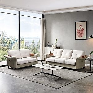 Myshle 2+3 Sectional Storage, Sleeper Couch Chaise with Curved Arm, Modern Upholstered Sofa with Seat Cushion and Wood Legs for Living Room,Bedroom,Office, Linen Fabric, Faux Leather, Beige