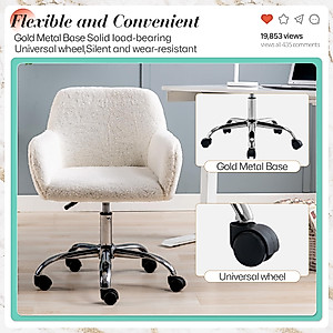 Homedraft Faux Fur 360°Swivel Desk Chair, Height Adjustable Home Office Armchair with Slivery Base for Teens Women Girls, Upholstery Computer Chair for Home Studios, Sherpa & White