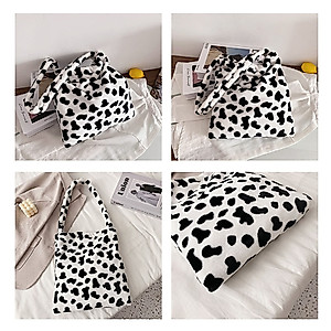 SUVIA Women Girls Fluffy Shoulder Bag Cute Bear Plush Handbag Flower Clutch Bag Leopard Underarm Bag Faux Fur Shopping Dating Cow Large Tote Handbag Purse (D: Brown Leopard)