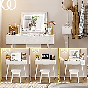 IRONCK Vanity Desk Set with LED Lighted Mirror & Power Outlet, Flip Top Makeup Vanity Table with Drawers & Cabinet,for Bedroom, Bathroom, Black