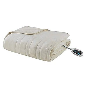 Beautyrest Foot Pocket Soft Microlight Plush Electric Blanket Heated Throw Wrap with Auto Shutoff, 50 x 62 in, Ivory