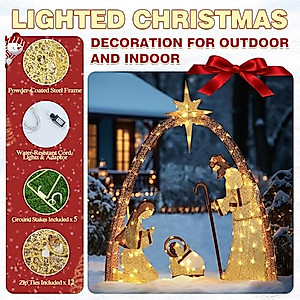 MUPATER Lighted Outdoor Christmas Decoration Nativity Scene, Lighted Christmas Yard Decor Set for Lawn and Home Holiday Party with Lights, Zip Ties and Ground Stakes, Gold