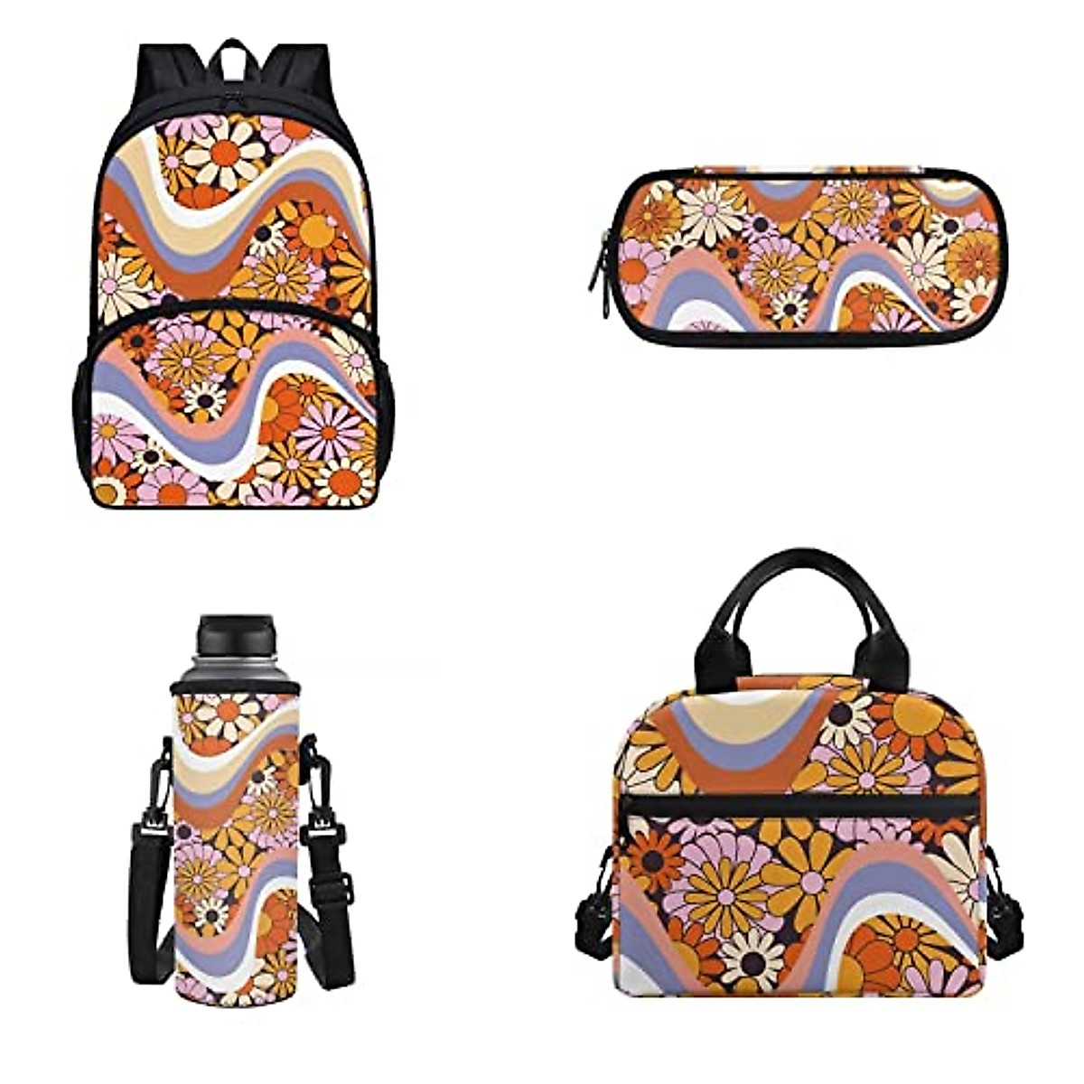 FUIBENG 4 Pcs Backpack for School,Abstract Hippie Groovy Flower Bookbag+Neoprene Insulated Water Bottle Holder With Adjust Strap Lunch Box +Pen Case Boys Girls Back to School Gift